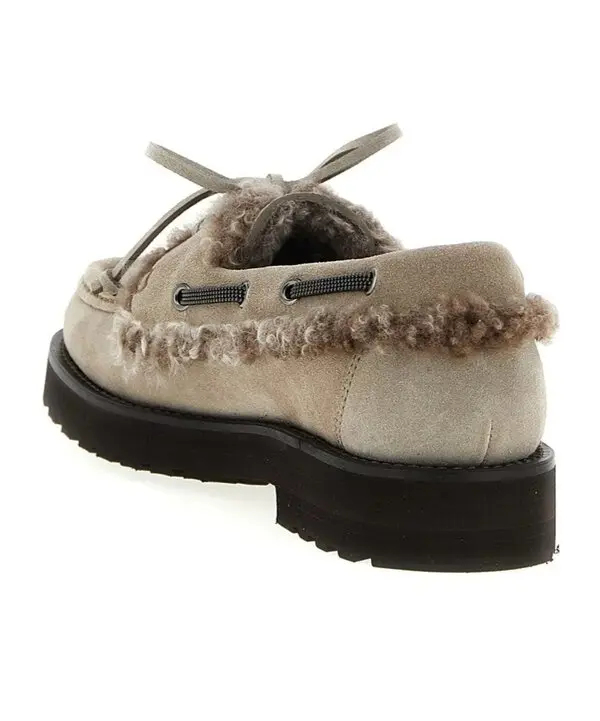 Brunello Cucinelli Shearling Trimmed Lace-up Boat Shoes