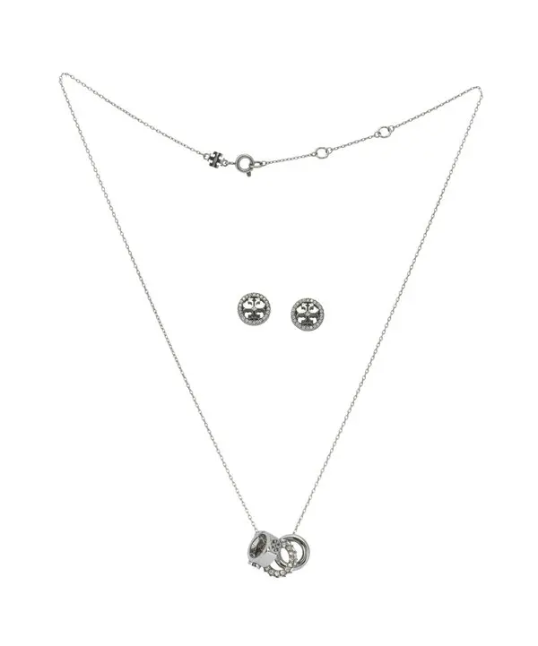 Tory Burch Miller Embellished Chain Necklace And Stud Earrings Set - Silver