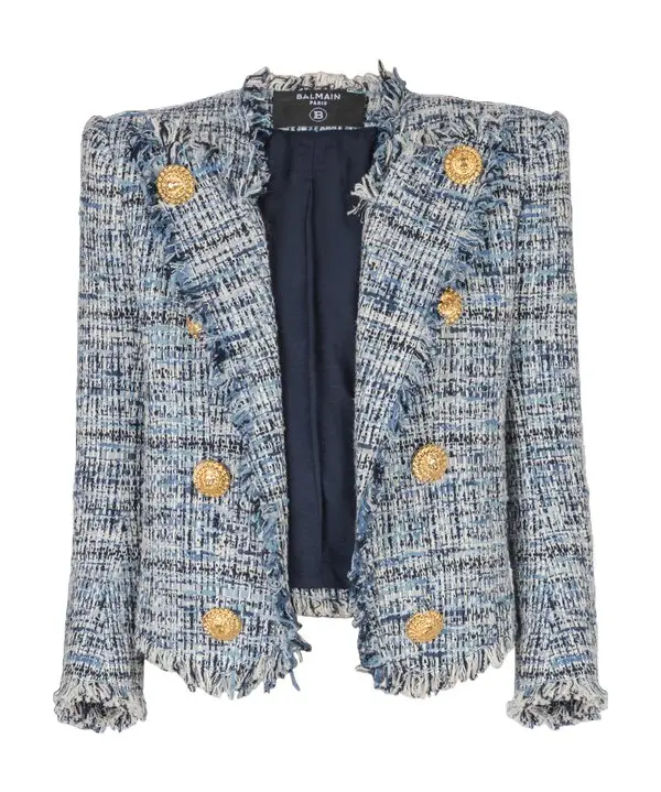 Balmain 8-button Cropped Tweed Jacket - Blue