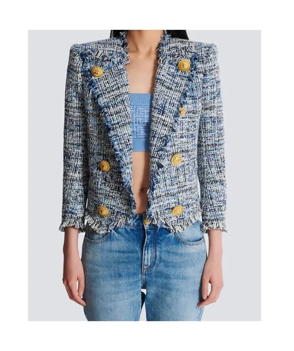 Balmain 8-button Cropped Tweed Jacket - Blue