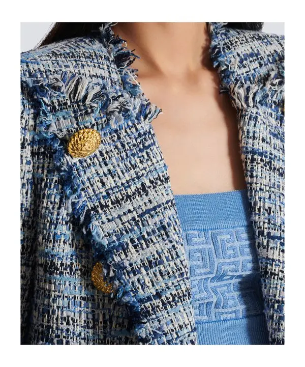 Balmain 8-button Cropped Tweed Jacket - Blue