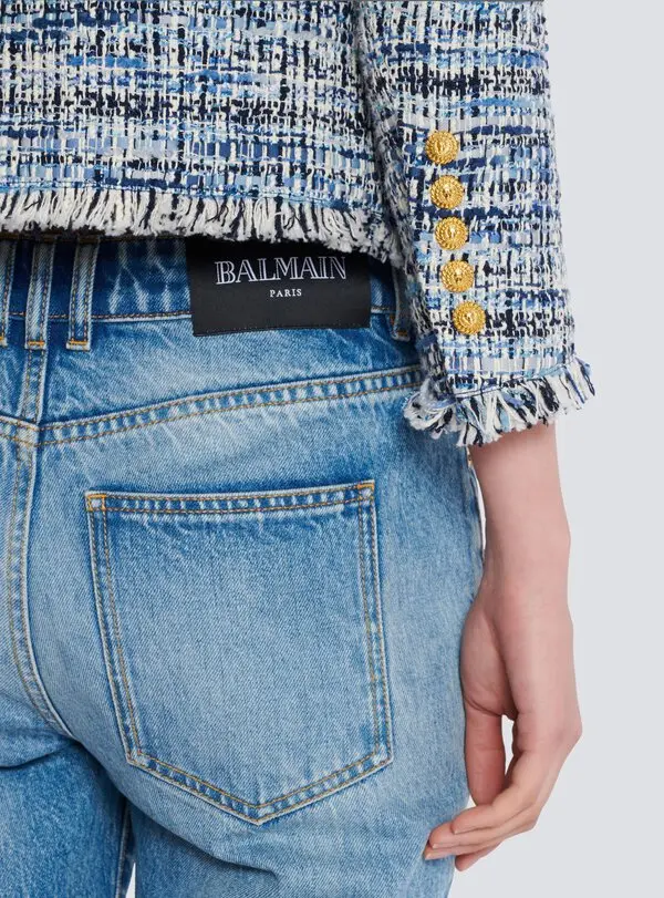 Balmain 8-button Cropped Tweed Jacket - Blue