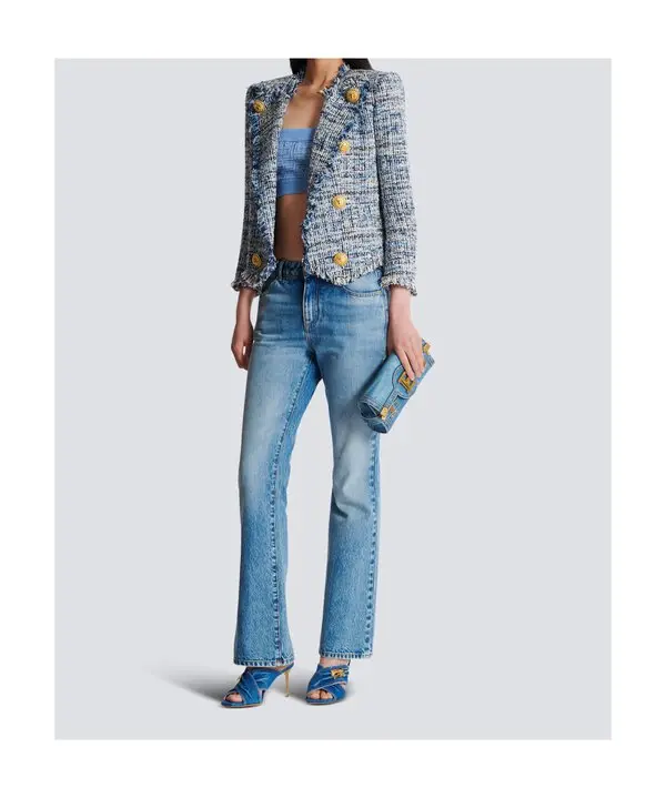 Balmain 8-button Cropped Tweed Jacket - Blue