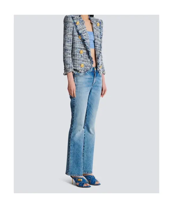 Balmain 8-button Cropped Tweed Jacket - Blue