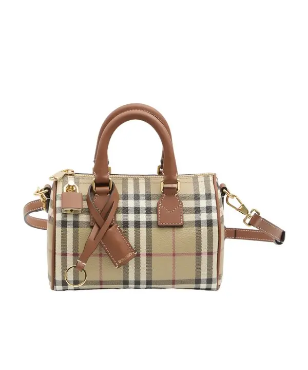 Burberry Check Printed Zipped Bowling Tote Bag - Beige