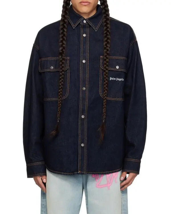 Palm Angels Logo Embroidered Denim Shirt