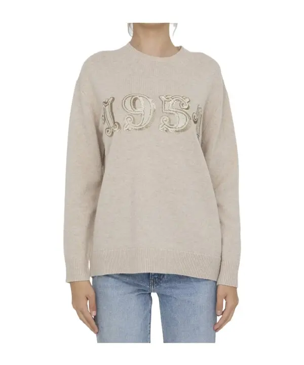 Max Mara Crewneck Knitted Jumper With Embellished Numbers - Beige