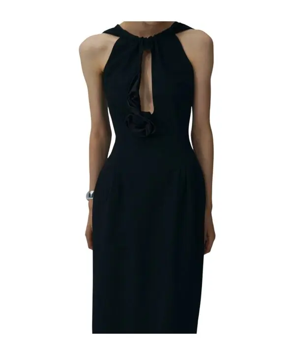 Magda Butrym Wool Keyhole Midi Dress With Floral Applique