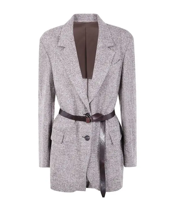 Brunello Cucinelli Herringbone Belted Jacket - Gray
