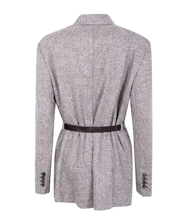 Brunello Cucinelli Herringbone Belted Jacket - Gray