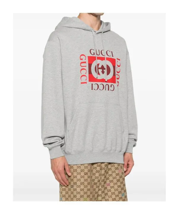 Gucci Logo Printed Drawstring Hoodie - Grey