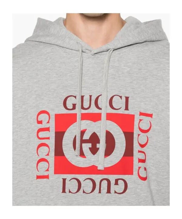 Gucci Logo Printed Drawstring Hoodie - Grey