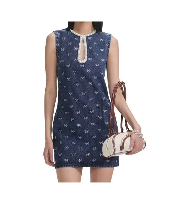 SELF-PORTRAIT Crystal-bow Embellished Denim Mini Dress