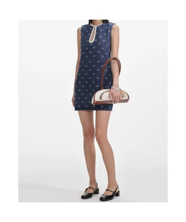 SELF-PORTRAIT Crystal-bow Embellished Denim Mini Dress