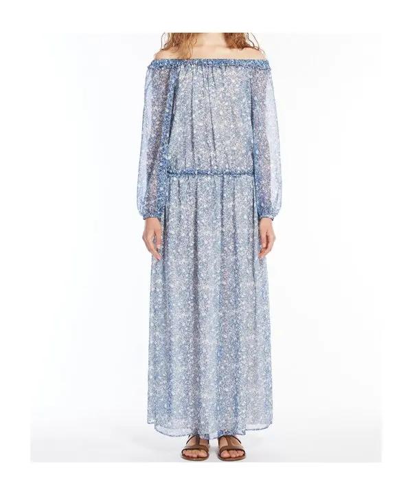 Max Mara Printed Georgette Off-the-shoulder Maxi Dress - Blue
