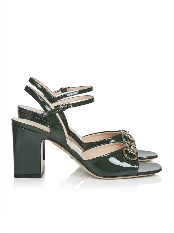 Gucci Horsebit Patent Leather Mid Heel Sandals - Green