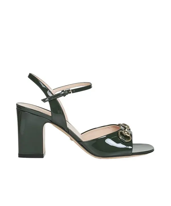 Gucci Horsebit Patent Leather Mid Heel Sandals - Green