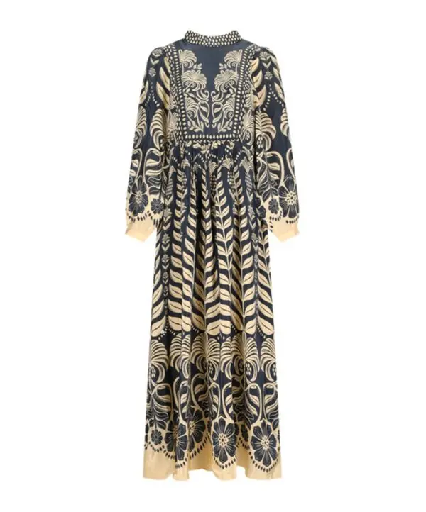 Farm Rio Ainika Tropical Maxi Dress With Long Sleeves And Graphic Print - Black