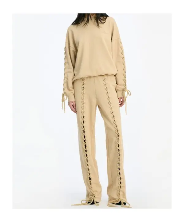 ROTATE BY BIRGER CHRISTENSEN Lace-up Sleeve Embroidered Logo Sweatshirt - Nude