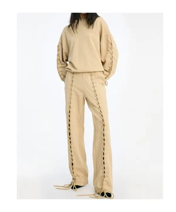 ROTATE BY BIRGER CHRISTENSEN Lace-up Sleeve Embroidered Logo Sweatshirt - Nude