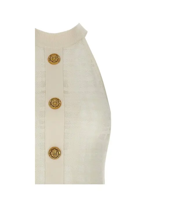 Balmain Sleeveless High Collar Dress With Lion Head Buttons - White