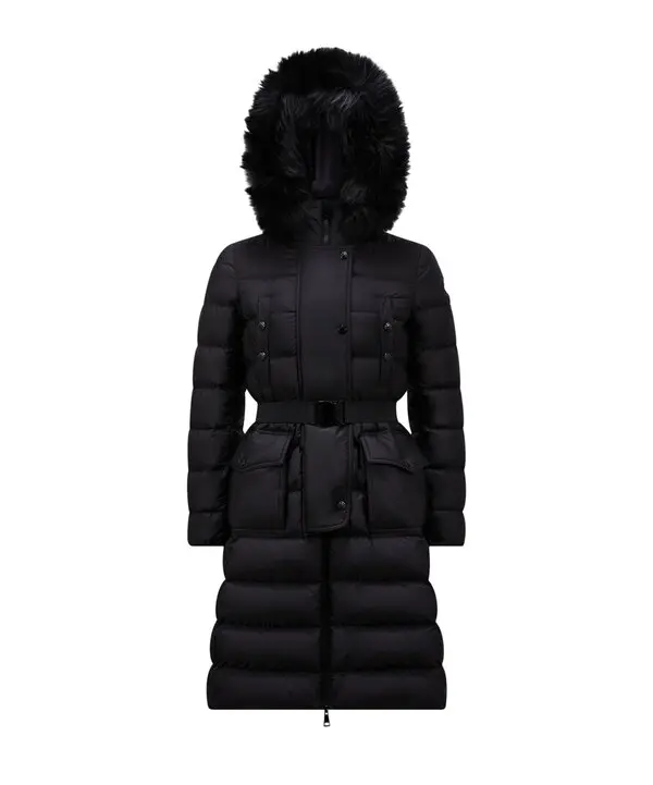 Moncler Khloe Belted Jacket With Hood And Fur Trim - Black