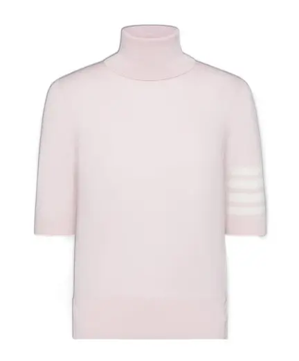 Thom Browne Short Sleeve Roll Neck Knitted Jumper With Four-bar Stripe Detail - Light Pink