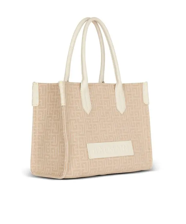 Balmain B-army 36 Monogrammed Canvas Jacquard And Leather Tote Bag - Beige
