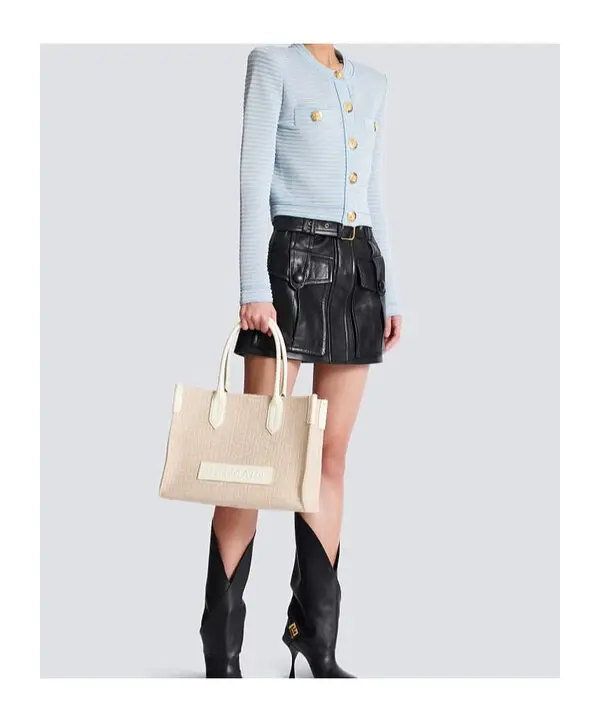 Balmain B-army 36 Monogrammed Canvas Jacquard And Leather Tote Bag - Beige