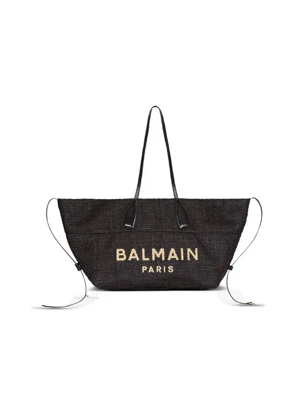 Balmain Track Tote Bag In Raffia And Calfskin - Black