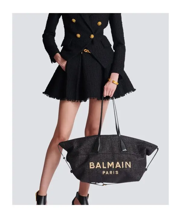 Balmain Raffia And Calfskin Track Tote Bag