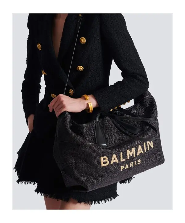 Balmain Raffia And Calfskin Track Tote Bag
