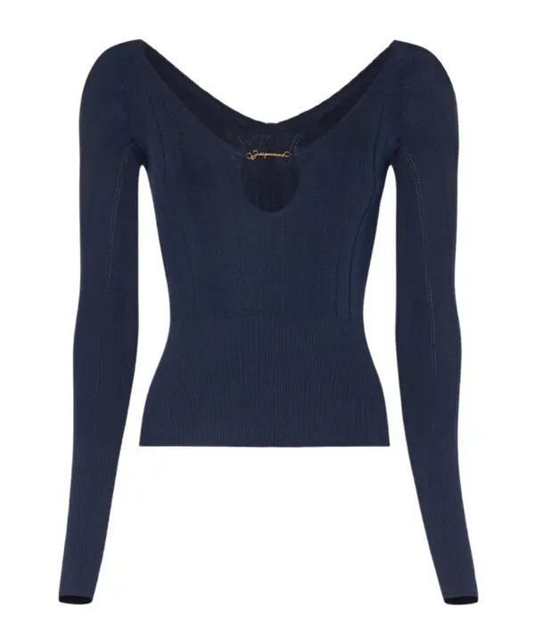 Jacquemus Ribbed Knit Long Sleeve Top With Gold Detail