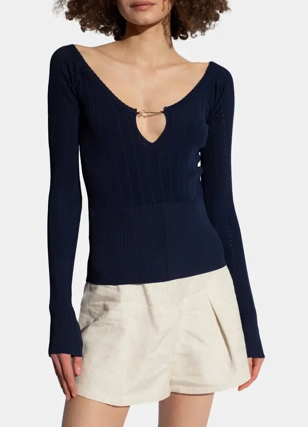 Jacquemus Ribbed Knit Long Sleeve Top With Gold Detail