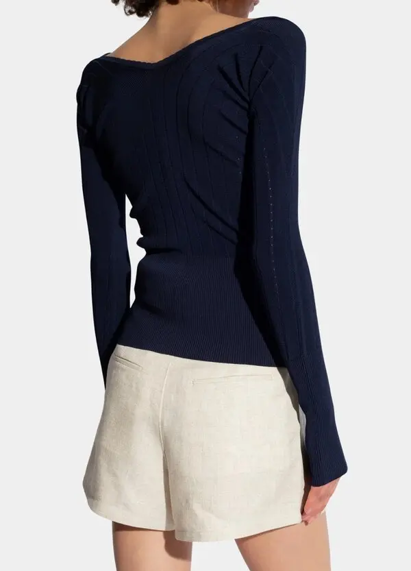Jacquemus Ribbed Knit Long Sleeve Top With Gold Detail