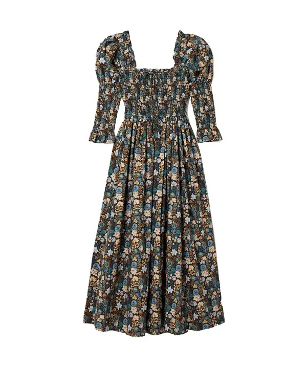 DÔEN Floral Square Neck Midi Dress - Black