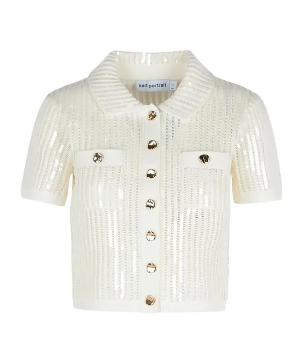 SELF-PORTRAIT Sequined Crochet Cropped Cardigan - White