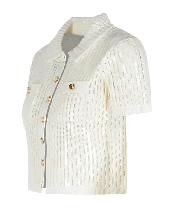 SELF-PORTRAIT Sequined Crochet Cropped Cardigan - White