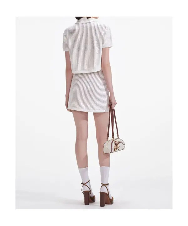 SELF-PORTRAIT Sequined Crochet Cropped Cardigan - White