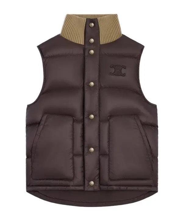Celine Sleeveless Puffer Jacket In Light Nylon - Brown