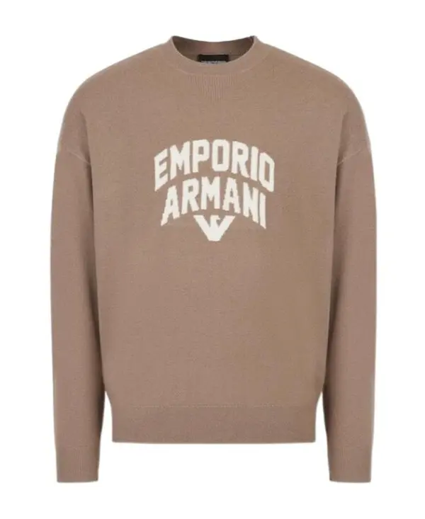 Emporio Armani Logo Round-neck Knitted Wool Sweater - Brown