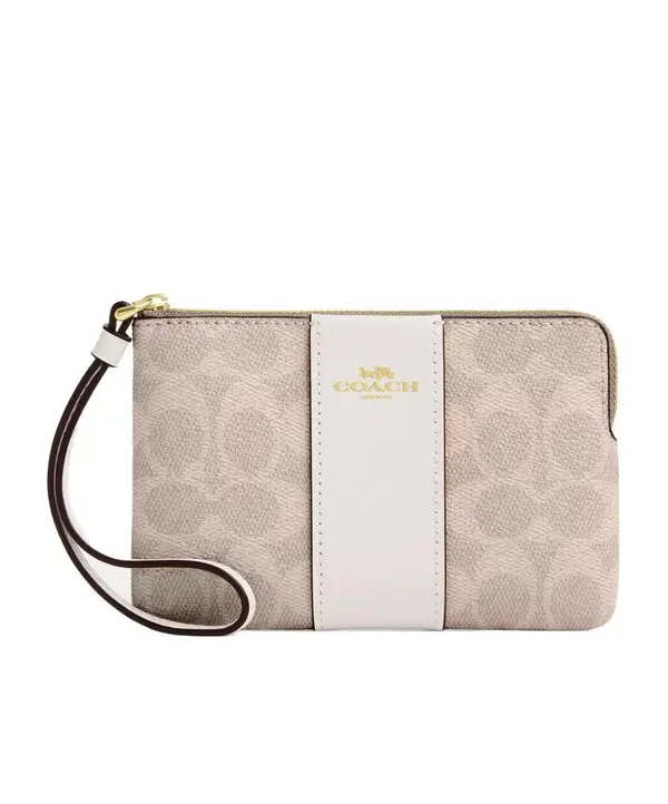 COACH Signature Canvas Wristlet With Stripe Accent - Gold/sand/chalk