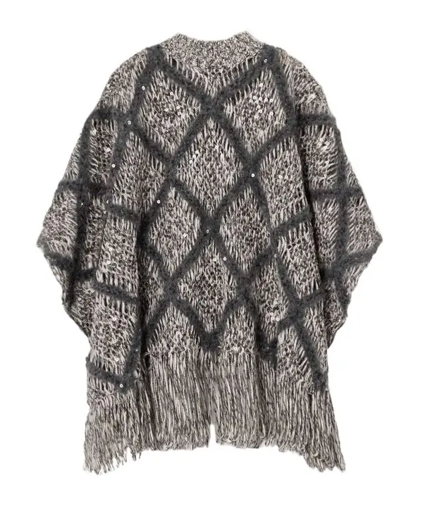 Brunello Cucinelli Diamond Pattern Poncho With Sequins And Tassels