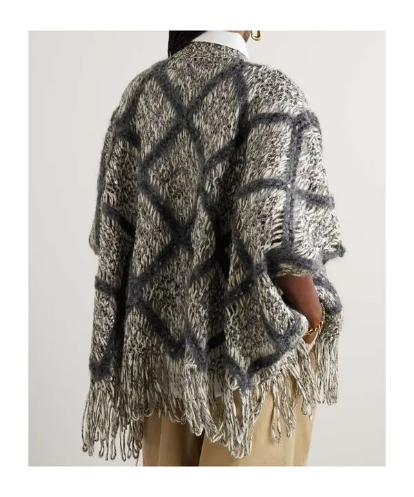 Brunello Cucinelli Diamond Pattern Poncho With Sequins And Tassels