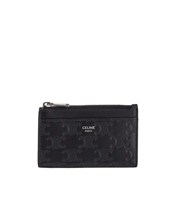 Celine Zipped Card Holder In Calfskin With Triomphe Embossed - Black