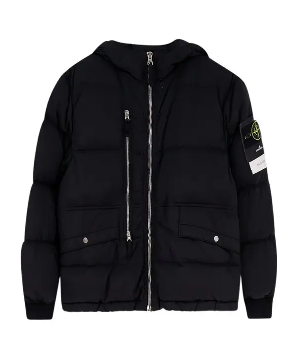 Stone Island Logo Patch Zip Up Hooded Jacket - Black