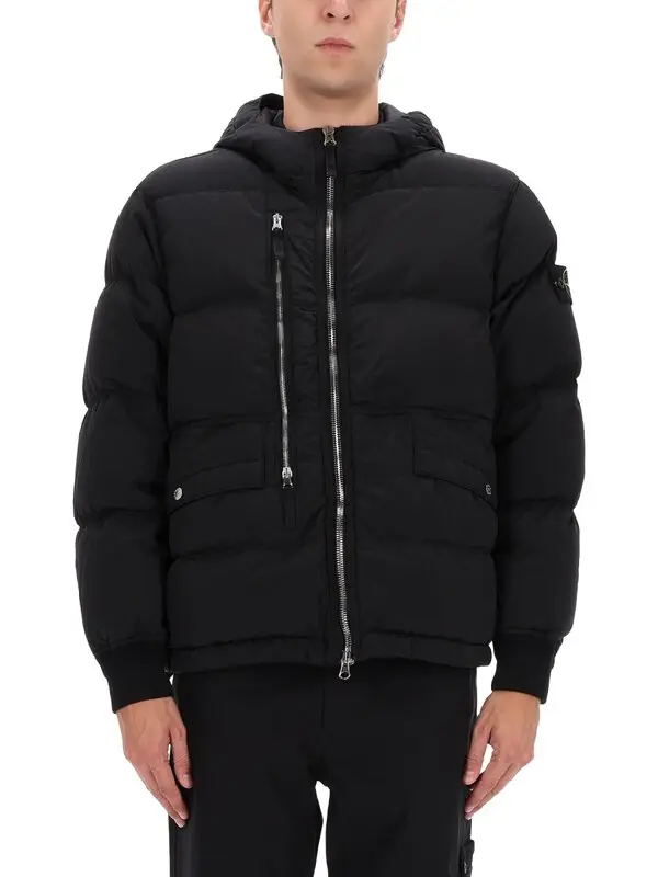 Stone Island Zipped Down Jacket With Drawstring Hood - Black