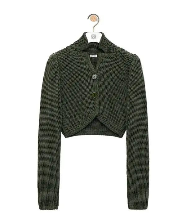 Loewe Cropped Cardigan In Technical Knit - Khaki Green