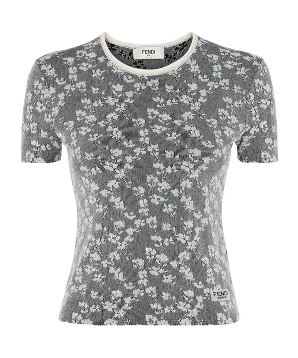 Fendi Floral Motif Jacquard Short Sleeved T-shirt - Black
