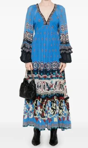Farm Rio V-neck Maxi Dress With Long Balloon Sleeves And Printed Fabric